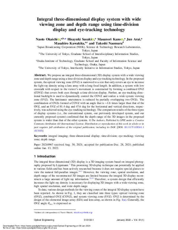 (PDF) Integral three-dimensional display system with wide viewing zone ...