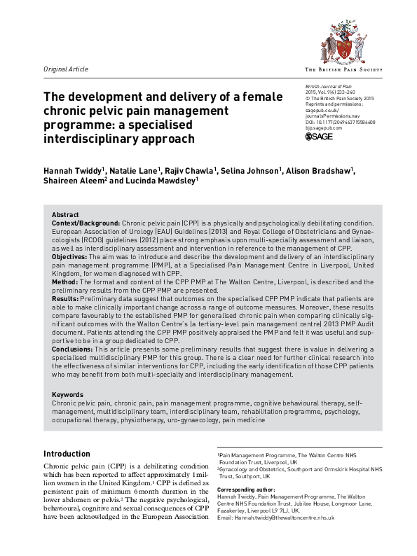 (PDF) The development and delivery of a female chronic pelvic pain management programme: a ...