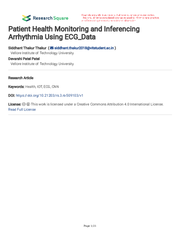 (PDF) Patient Health Monitoring and Inferencing Arrhythmia Using ECG_Data