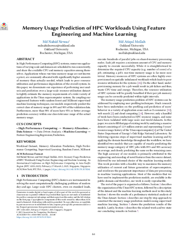 (PDF) Memory Usage Prediction of HPC Workloads Using Feature Engineering and Machine Learning