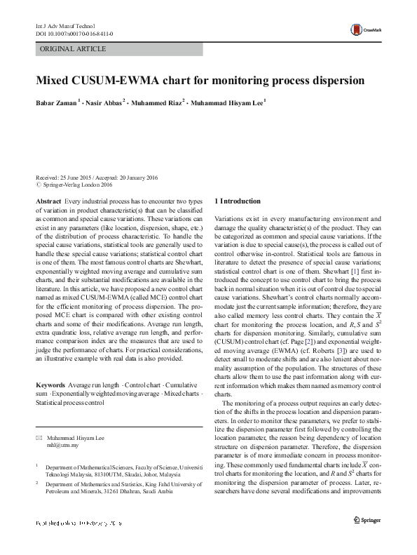 (PDF) Mixed CUSUM-EWMA chart for monitoring process dispersion