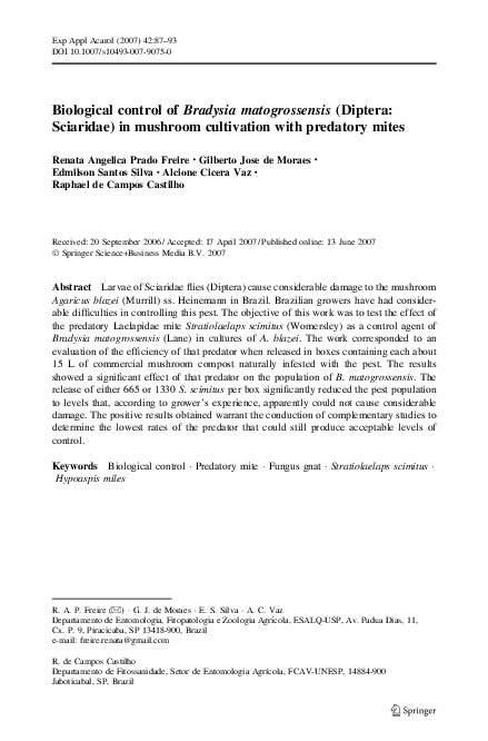(PDF) Biological control of Bradysia matogrossensis (Diptera: Sciaridae ...