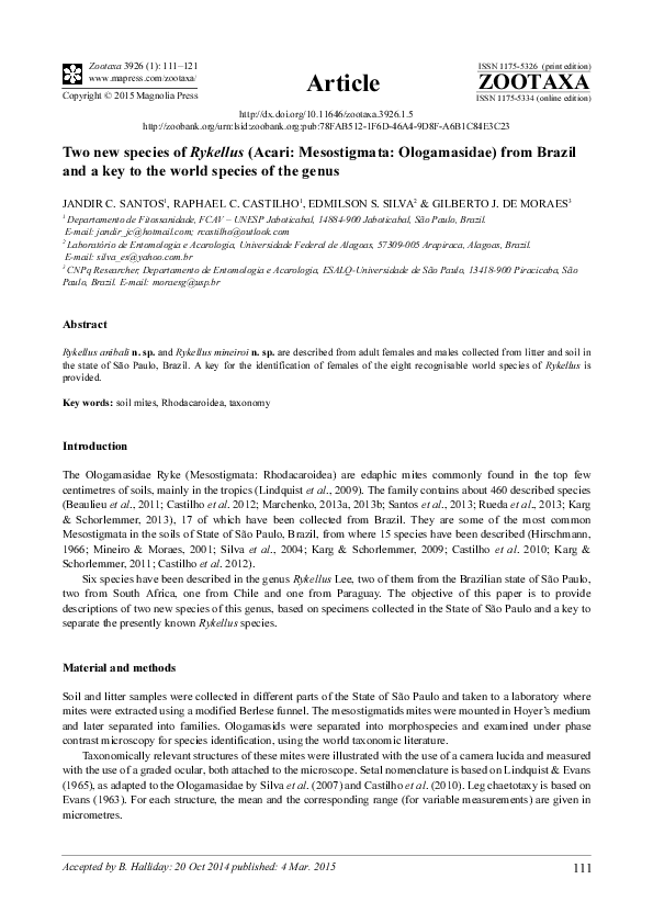 (PDF) Two new species of Rykellus (Acari: Mesostigmata: Ologamasidae ...