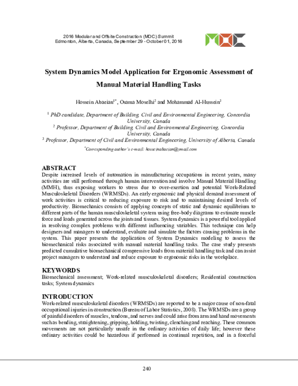 (PDF) System Dynamics Model Application for Ergonomic Assessment of Manual Material Handling Tasks