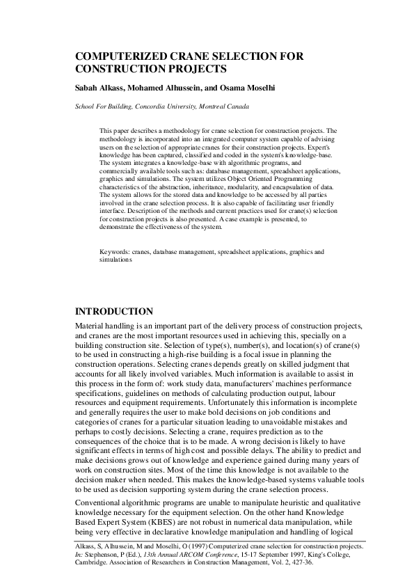 (PDF) Computerized Crane Selection for Construction Projects