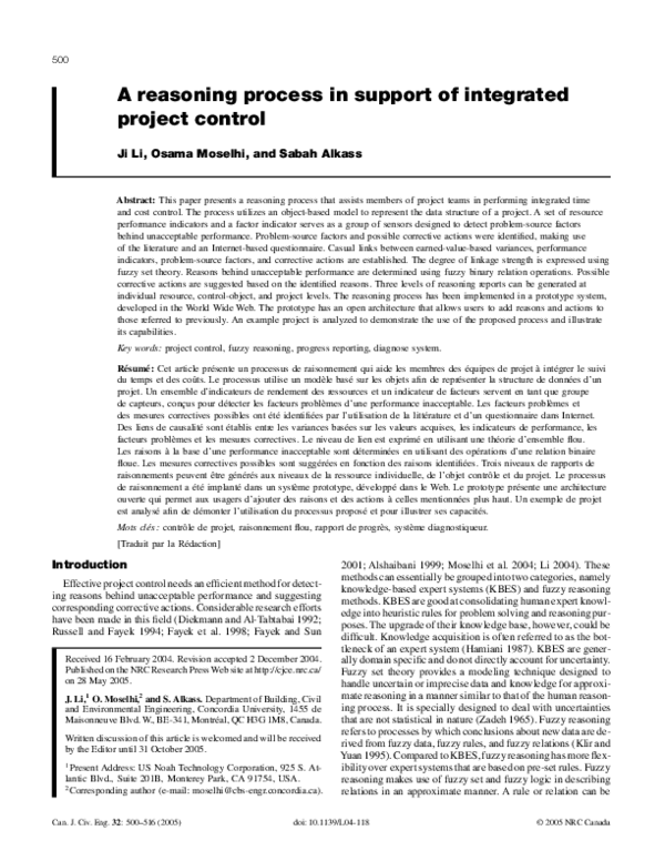 (PDF) A reasoning process in support of integrated project control