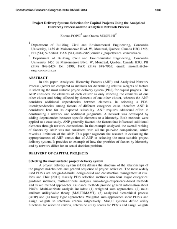 (PDF) Project Delivery Systems Selection for Capital Projects Using the Analytical Hierarchy ...