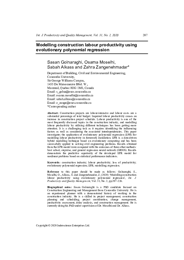 (PDF) Modelling construction labour productivity using evolutionary ...