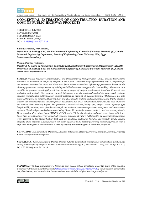 Pdf Conceptual Estimation Of Construction Duration And Cost Of Public Highway Projects
