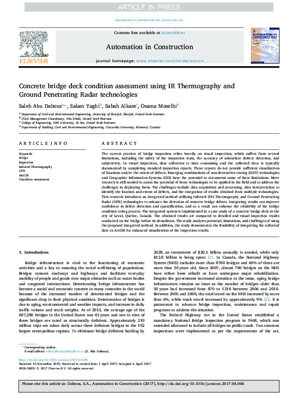 (PDF) Concrete bridge deck condition assessment using IR Thermography and Ground Penetrating ...