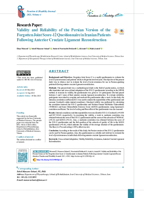 (PDF) Validity and Reliability of the Persian Version of the Forgotten Joint Score-12 ...