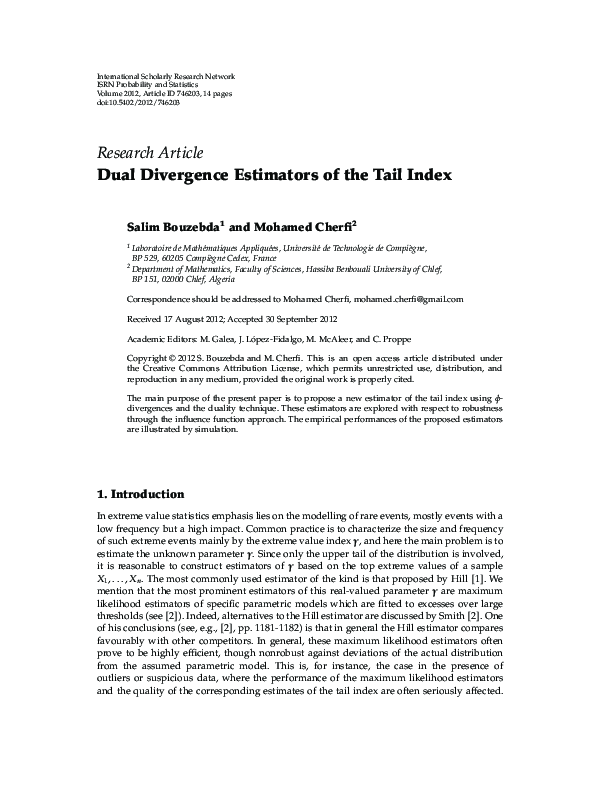 (PDF) Dual Divergence Estimators of the Tail Index