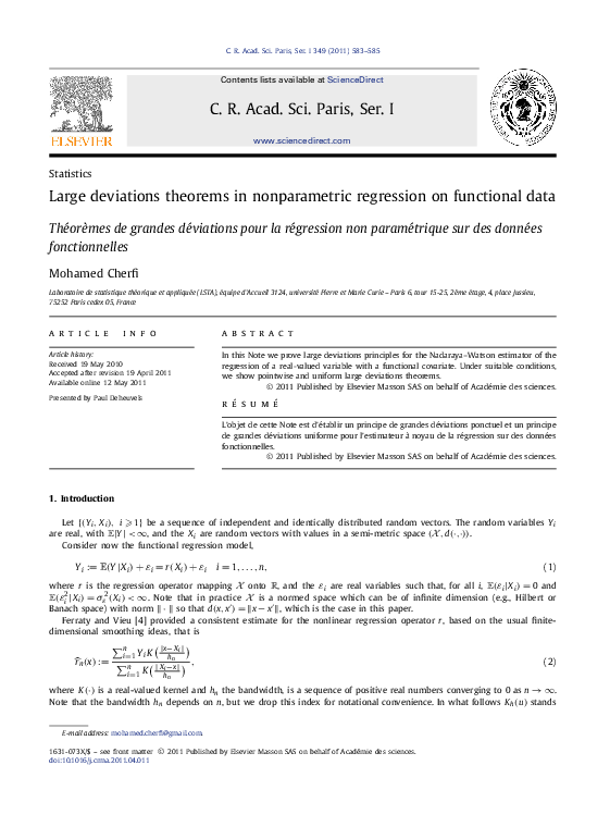 (PDF) Large deviations theorems in nonparametric regression on functional data