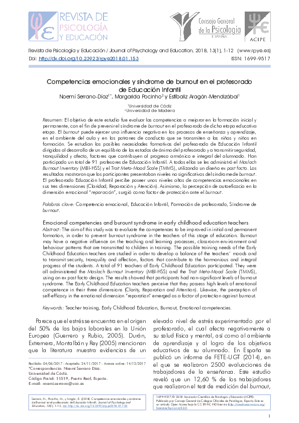 (PDF) Competencias emocionales y síndrome de burnout en el profesorado de Educación Infantil