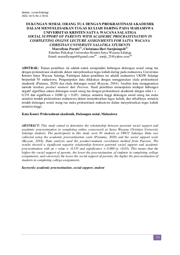 (PDF) Dukungan Sosial Orang Tua Dengan Prokrastinasi Akademik Dalam Menyelesaikan Tugas Kuliah ...