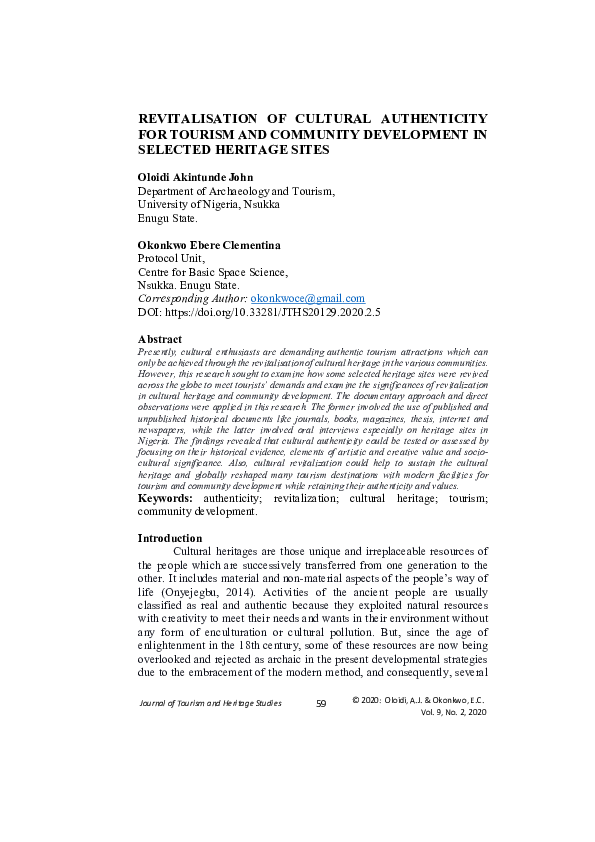 (PDF) REVITALISATION OF CULTURAL AUTHENTICITY FOR TOURISM AND COMMUNITY ...