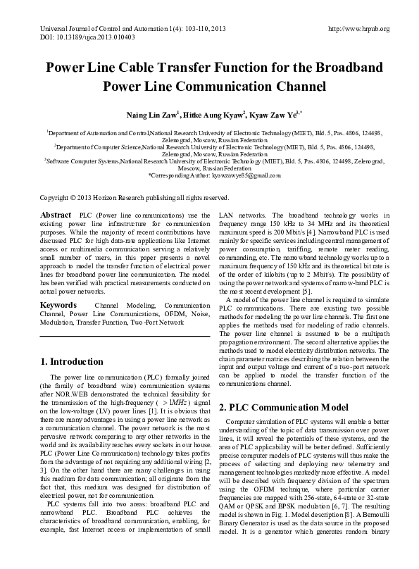 (PDF) Power Line Cable Transfer Function for the Broadband Power Line ...