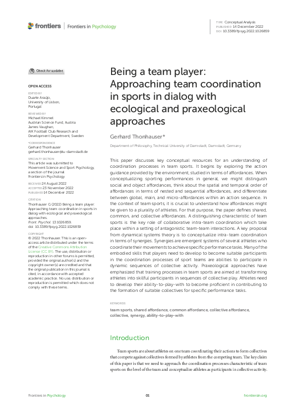 (PDF) Being a team player: Approaching team coordination in sports in ...