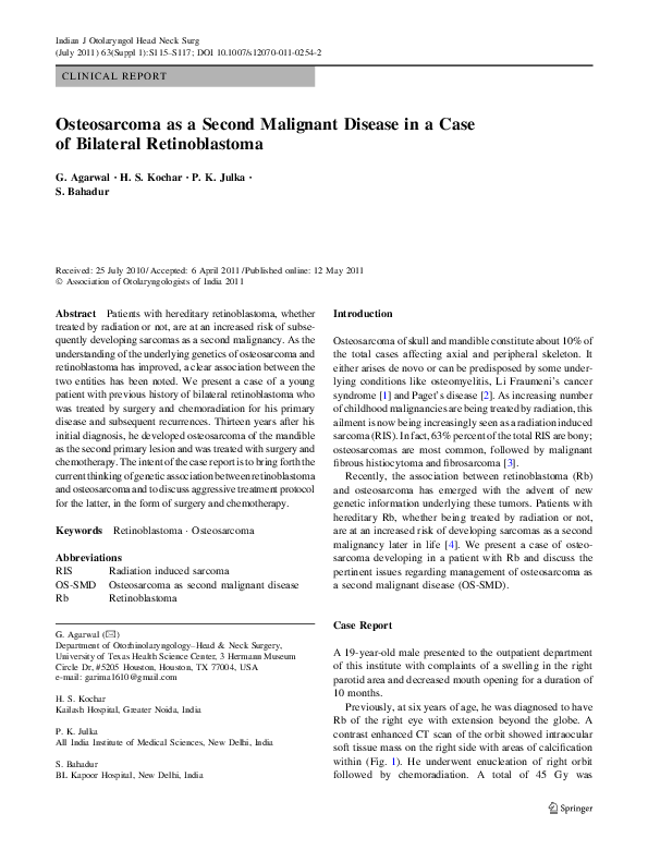 (PDF) Osteosarcoma as a second malignant disease in a case of bilateral ...