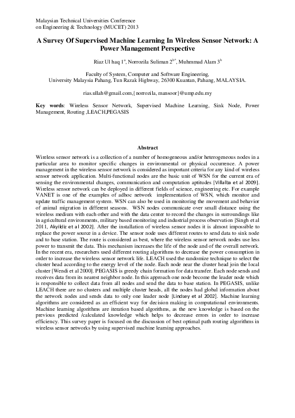 (PDF) A Survey Of Supervised Machine Learning In Wireless Sensor Network: A Power Management ...
