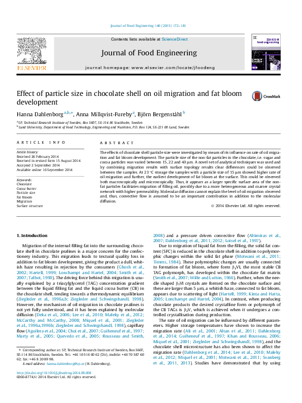 (PDF) Effect of particle size in chocolate shell on oil migration and fat bloom development