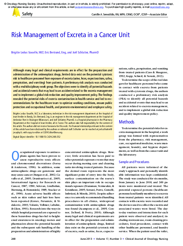 (PDF) Risk Management of Excreta in a Cancer Unit