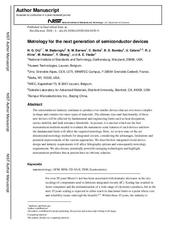 (PDF) Metrology for the next generation of semiconductor devices
