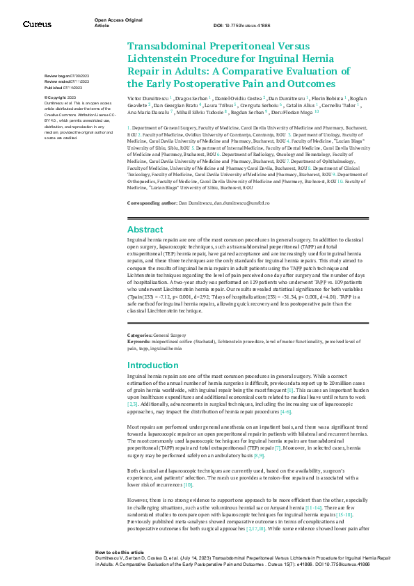 (PDF) Transabdominal Preperitoneal Versus Lichtenstein Procedure for Inguinal Hernia Repair in ...