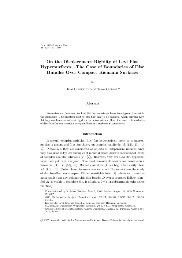 (PDF) On the Displacement Rigidity of Levi Flat Hypersurfaces--The Case ...