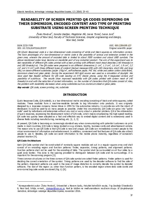 Pdf Readability Of Screen Printed Qr Codes Depending On Their Dimension Encoded Content And