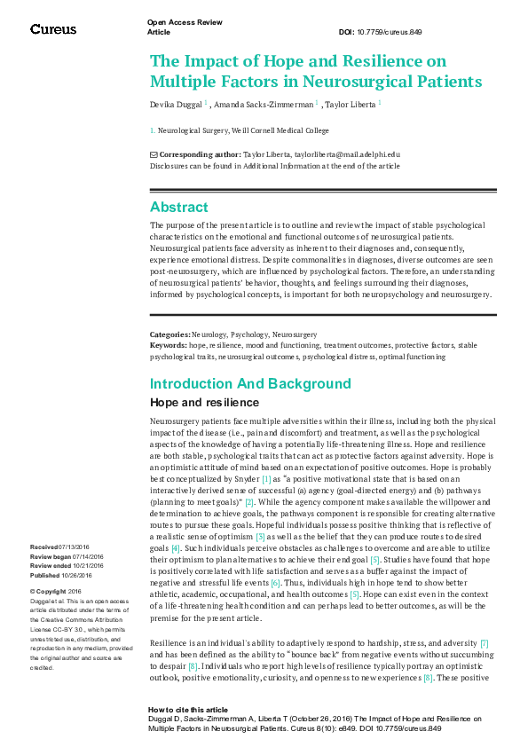 (PDF) The Impact of Hope and Resilience on Multiple Factors in ...