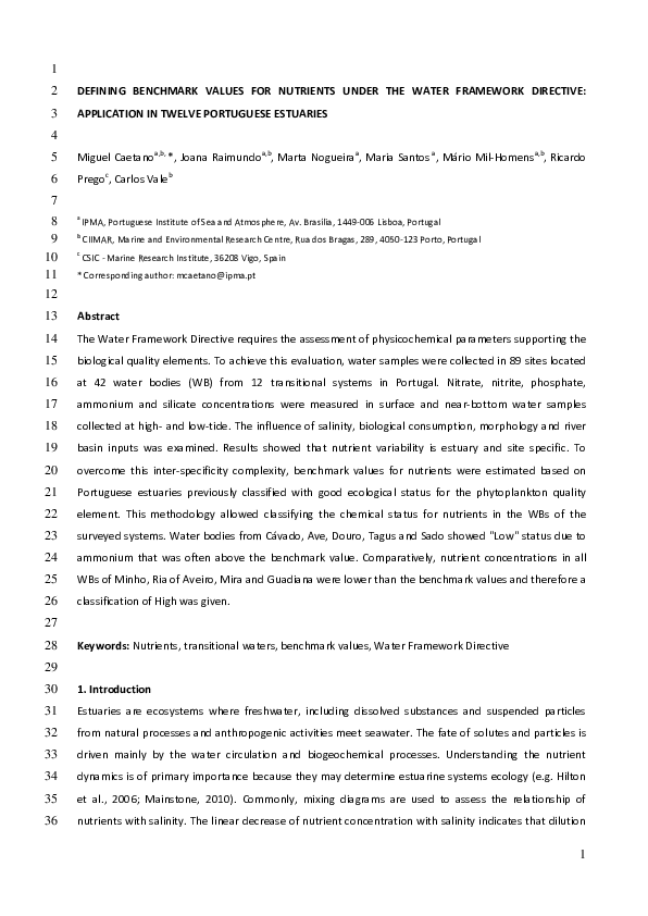 (PDF) Defining benchmark values for nutrients under the Water Framework Directive: Application ...