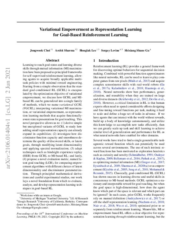 Pdf Variational Empowerment As Representation Learning For Goal Based Reinforcement Learning