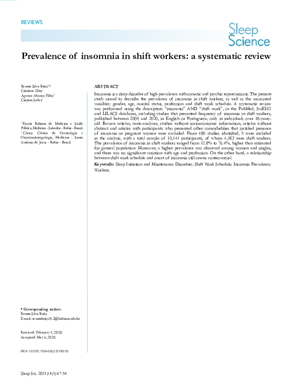 (PDF) Prevalence of insomnia in shift workers: a systematic review