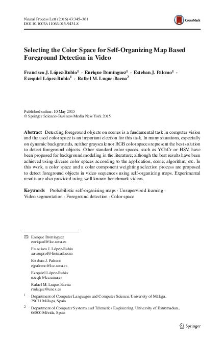 (PDF) Selecting the Color Space for Self-Organizing Map Based Foreground Detection in Video