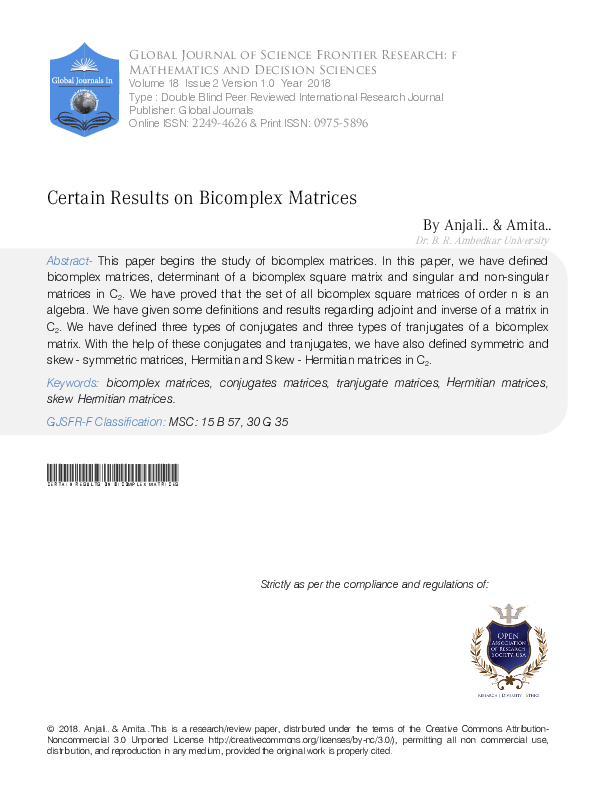 (PDF) Certain Results on Bicomplex Matrices By Anjali & Amita
