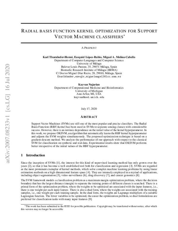 (PDF) Radial basis function kernel optimization for Support Vector Machine classifiers
