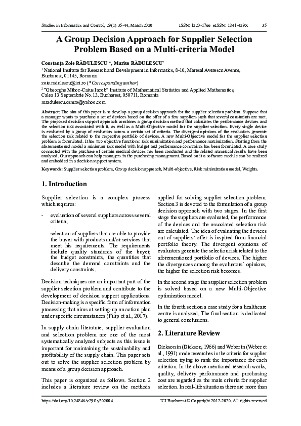 (PDF) A Group Decision Approach for Supplier Selection Problem Based on a Multi-criteria Model