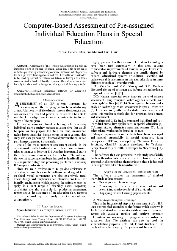 (PDF) Computer-Based Assessment Of Pre-Assigned Individual Education Plans In Special Education