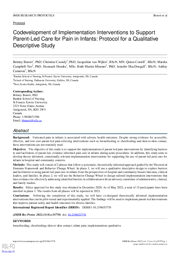 (PDF) Codevelopment of Implementation Interventions to Support Parent-Led Care for Pain in ...
