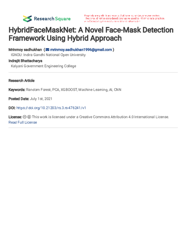 Pdf Hybridfacemasknet A Novel Face Mask Detection Framework Using Hybrid Approach