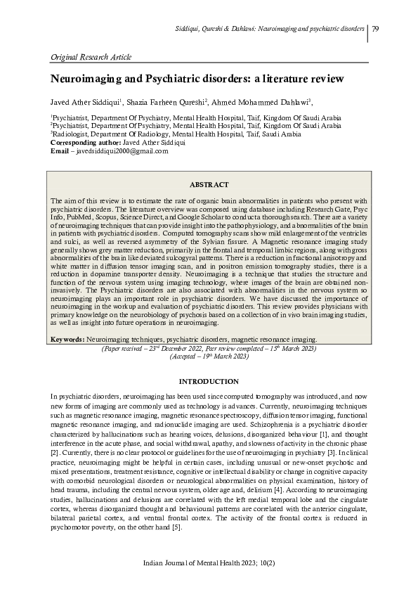 (PDF) Neuroimaging and Psychiatric disorders: a literature review