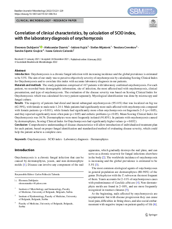(PDF) Correlation of clinical characteristics, by calculation of SCIO ...