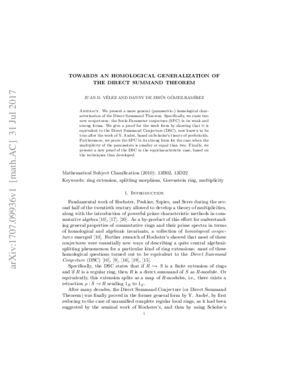 (PDF) Towards an Homological Generalization of the Direct Summand Theorem