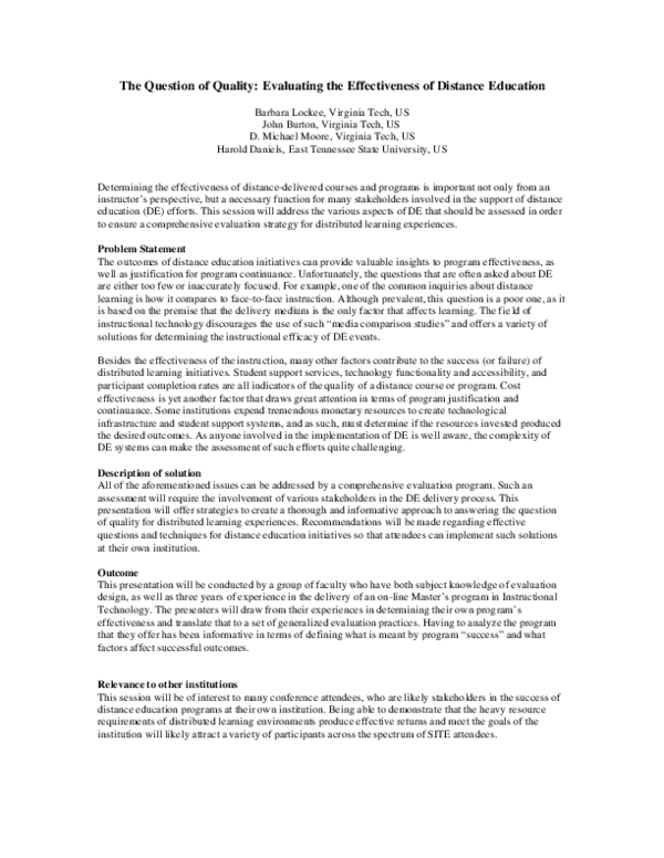 (PDF) The Question of Quality: Evaluating the Effectiveness of Distance ...