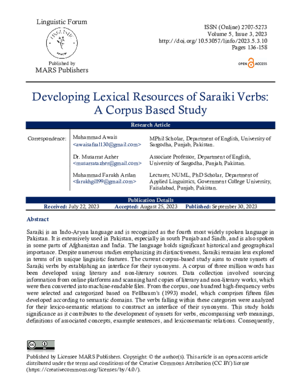 (PDF) Developing Lexical Resources of Saraiki Verbs: A Corpus Based Study