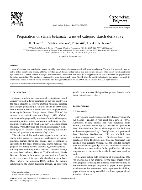 (PDF) Preparation of starch betainate: a novel cationic starch derivative