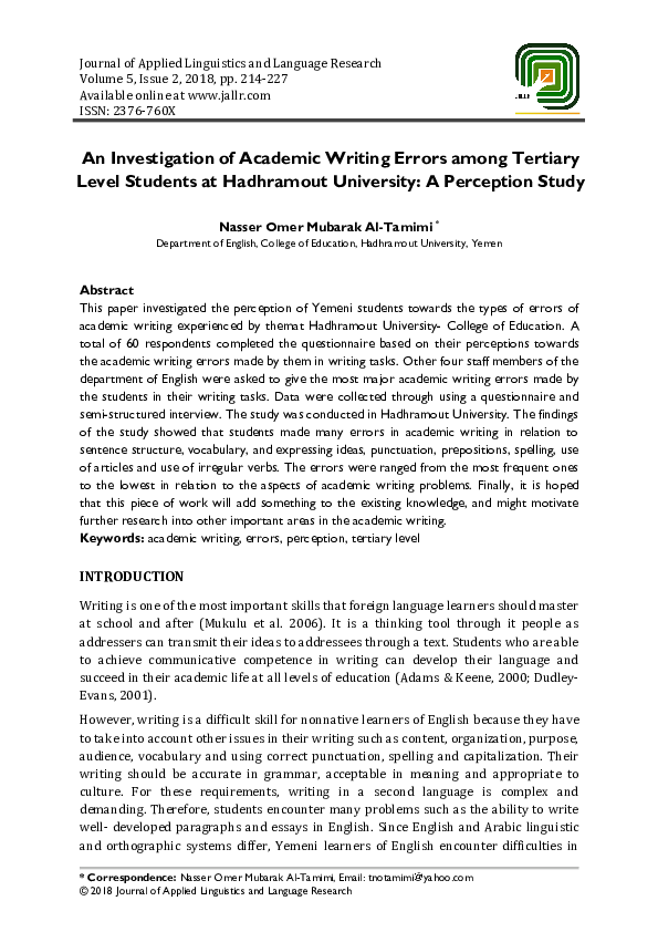 (PDF) An Investigation of Academic Writing Errors among Tertiary Level Students at Hadhramout ...