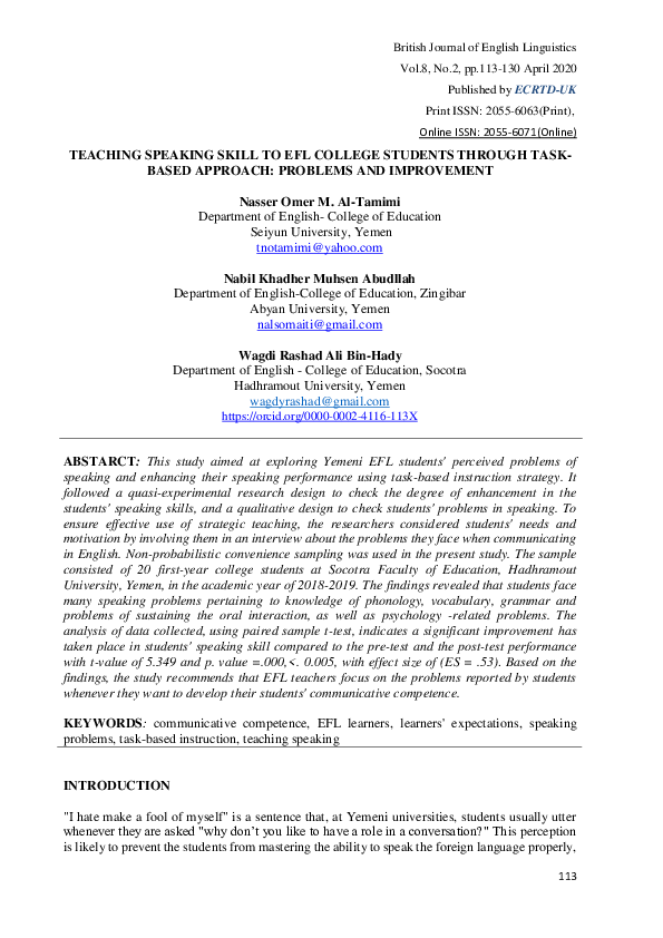 (PDF) Teaching Speaking Skill to Efl College Students Through Task ...