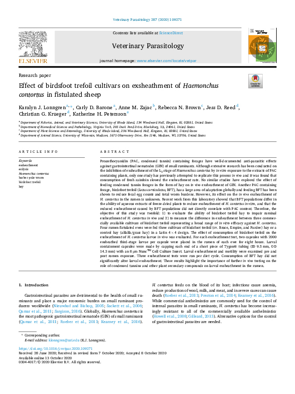 (PDF) Effect of birdsfoot trefoil cultivars on exsheathment of ...
